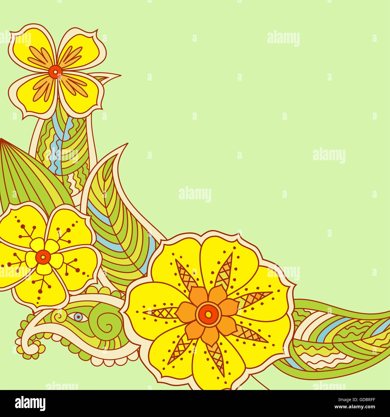 Colorful flowers in Mehendi style on green background Stock Vector ...