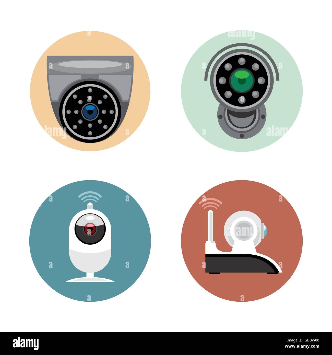 Surveillance recording security camera set flat style. Remote controled ...