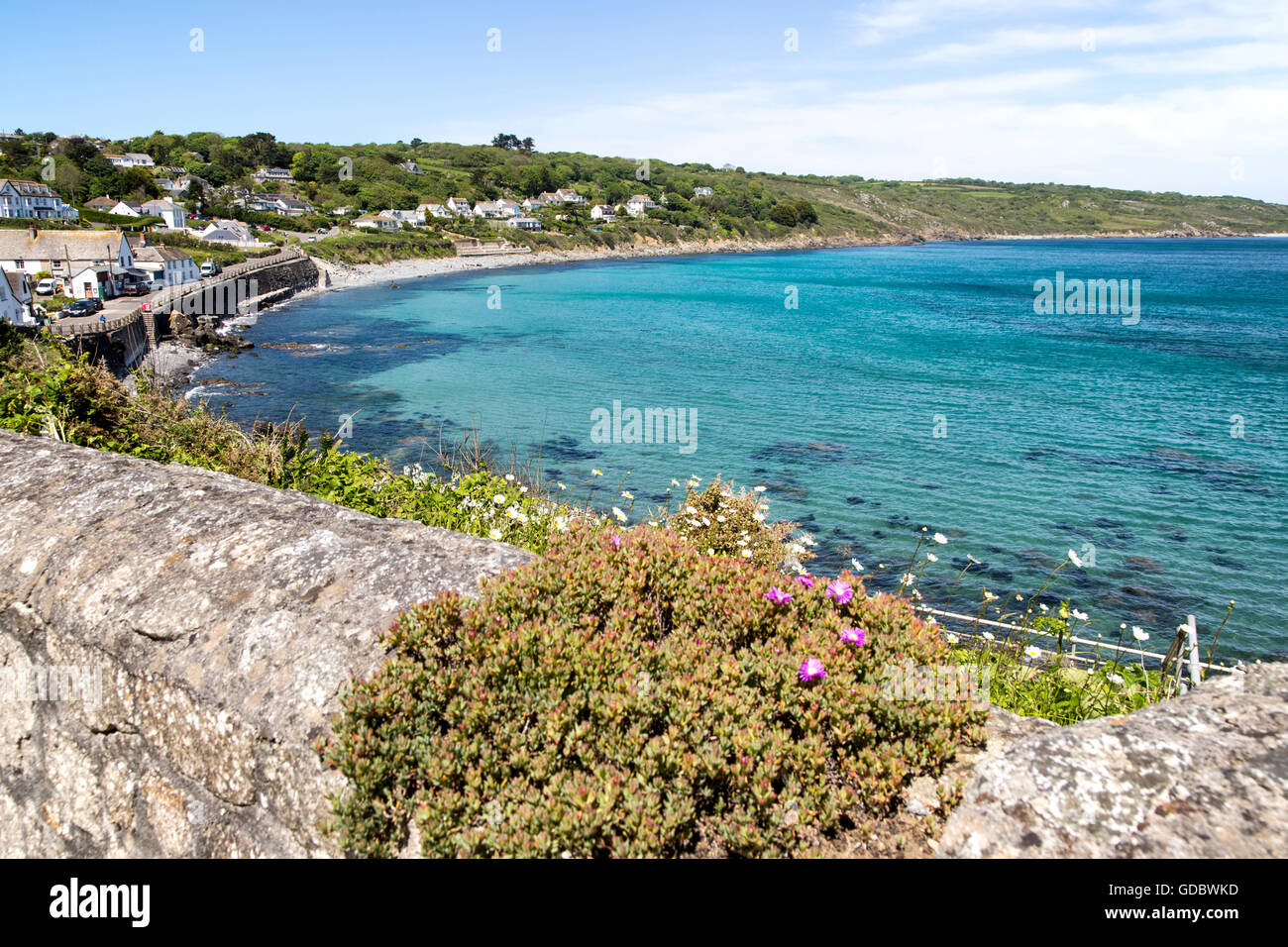 Coastal landscape bay and village houses, Coverack, Lizard Peninsula ...