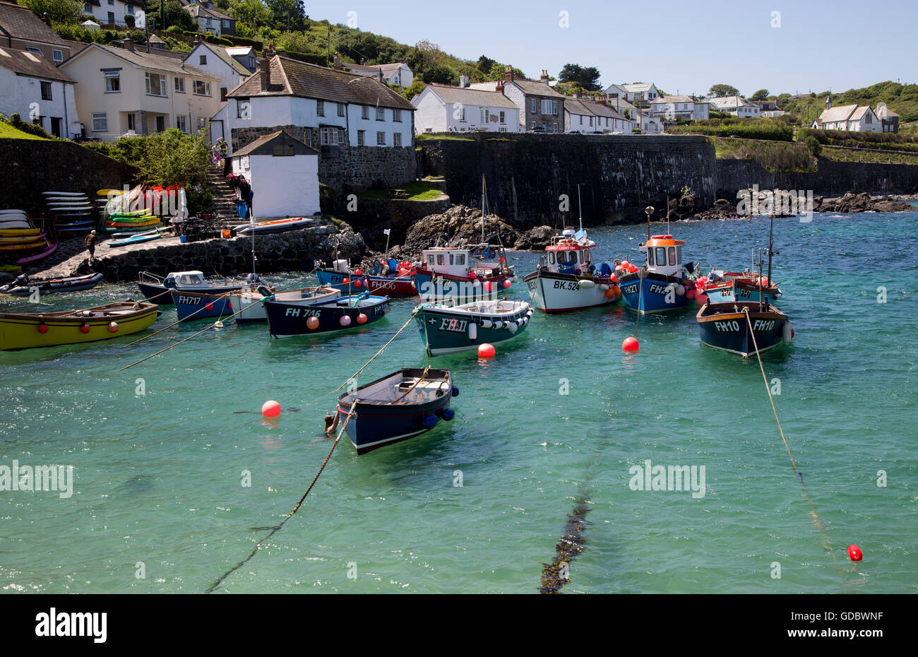 Fishing boats in the harbour at Coverack, Lizard Peninsula, Cornwall ...