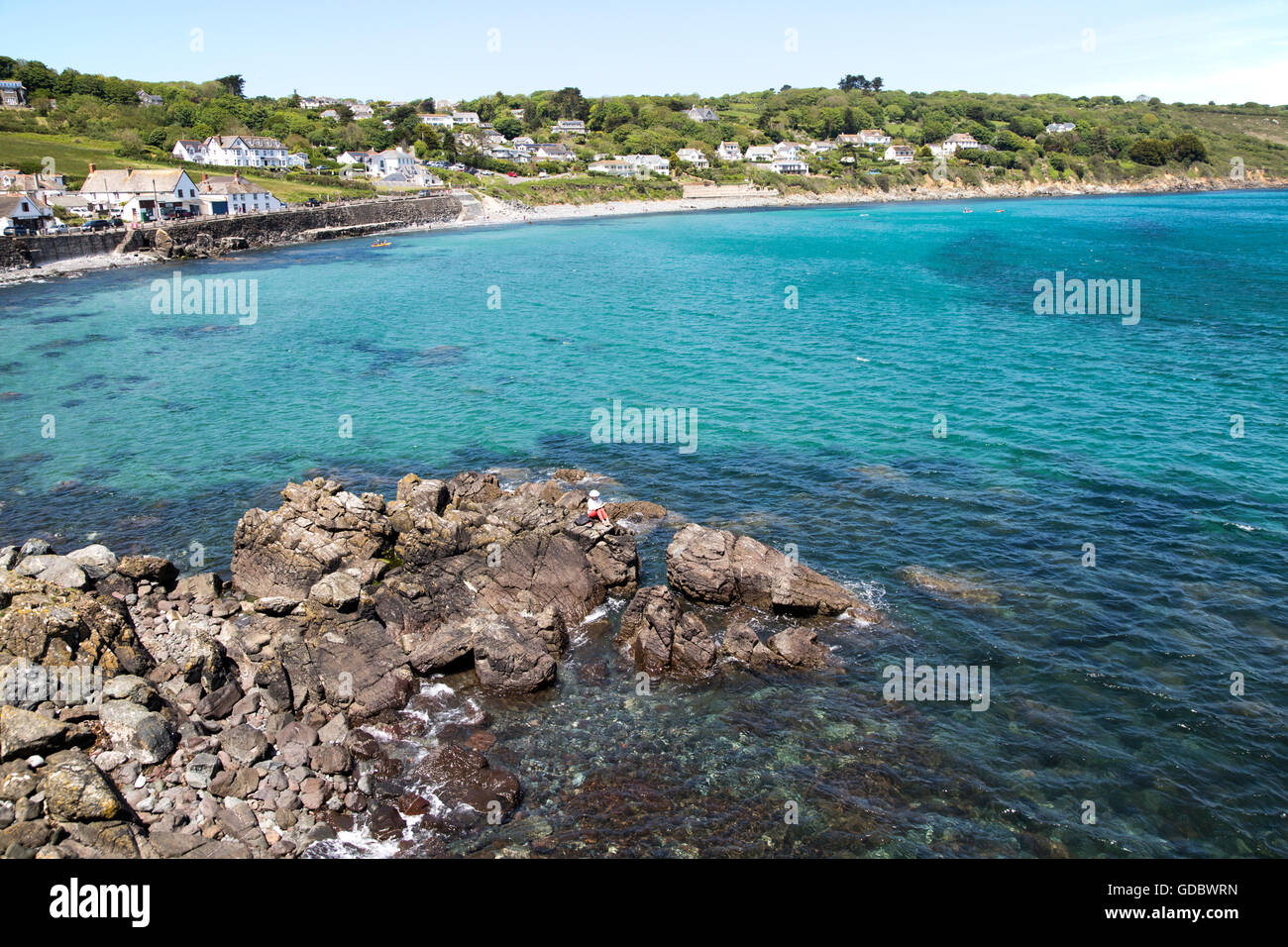 Coastal landscape bay and village houses, Coverack, Lizard Peninsula ...