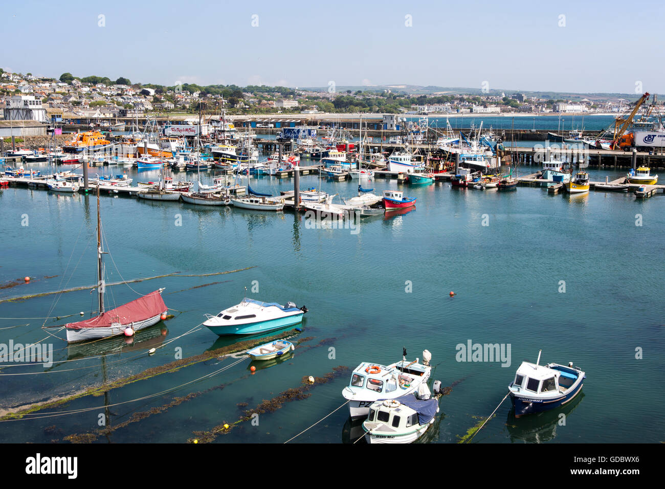 Boats at moorings in the harbour of fishing port of Newlyn, Cornwall ...