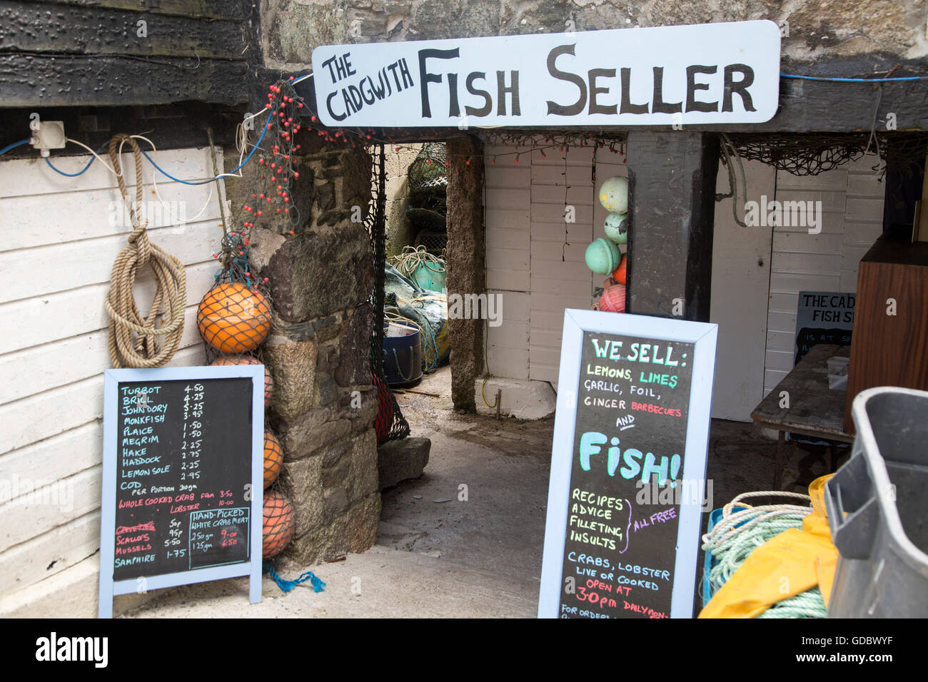 The Fish Seller shop sign, Cadgwith, Lizard peninsula, Cornwall ...