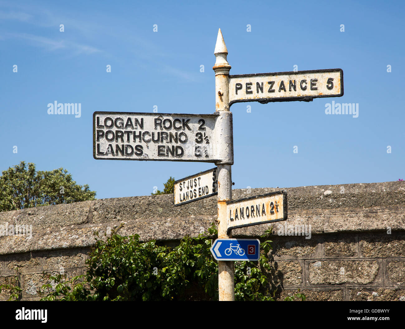 Old road sign distances and directions, St Buryan, Cornwall, England ...