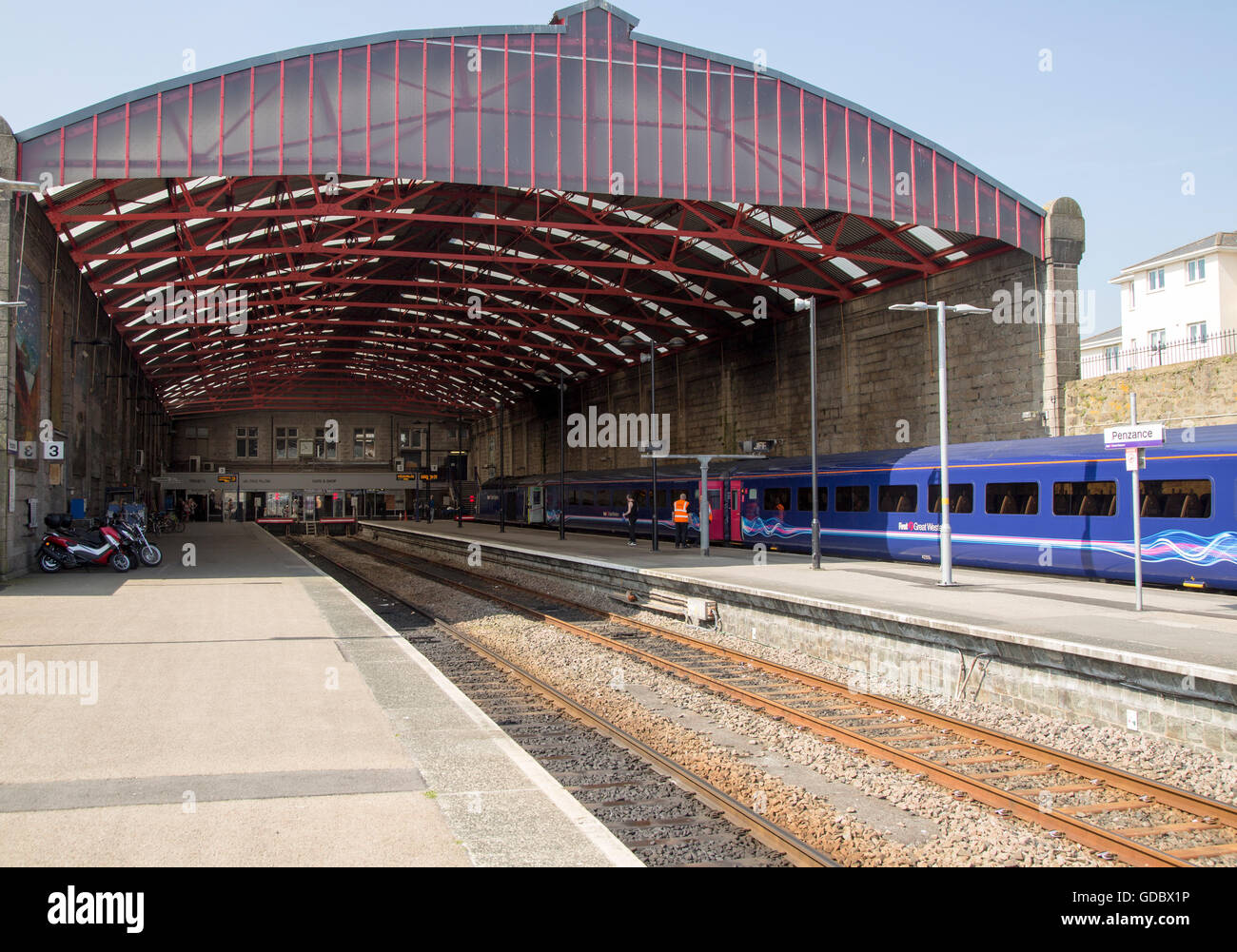 Railway station interior with First Great Western train at platform ...