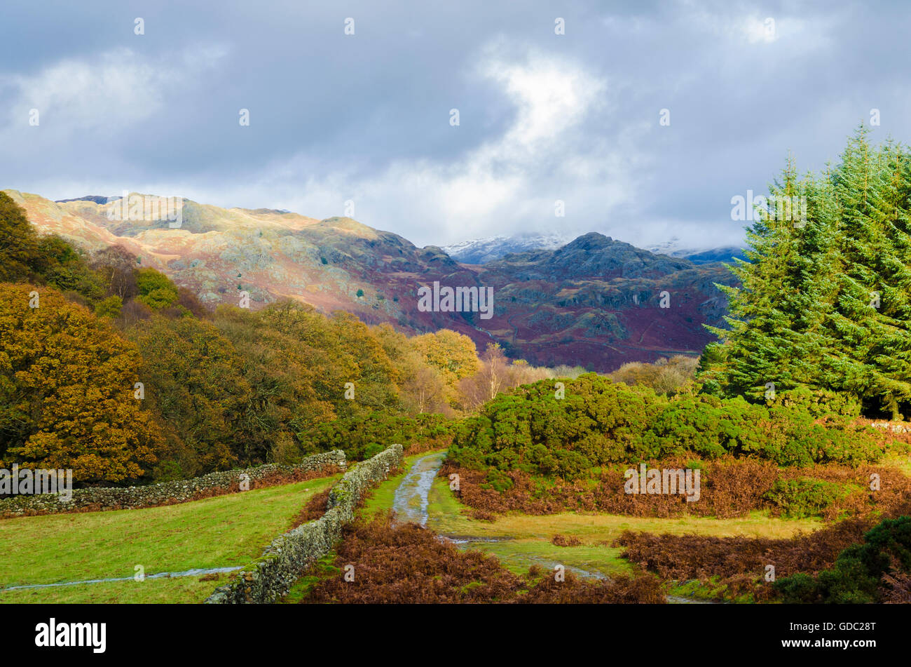 Eskdale valley in autumn with a snow topped Bow Fell in the distance ...