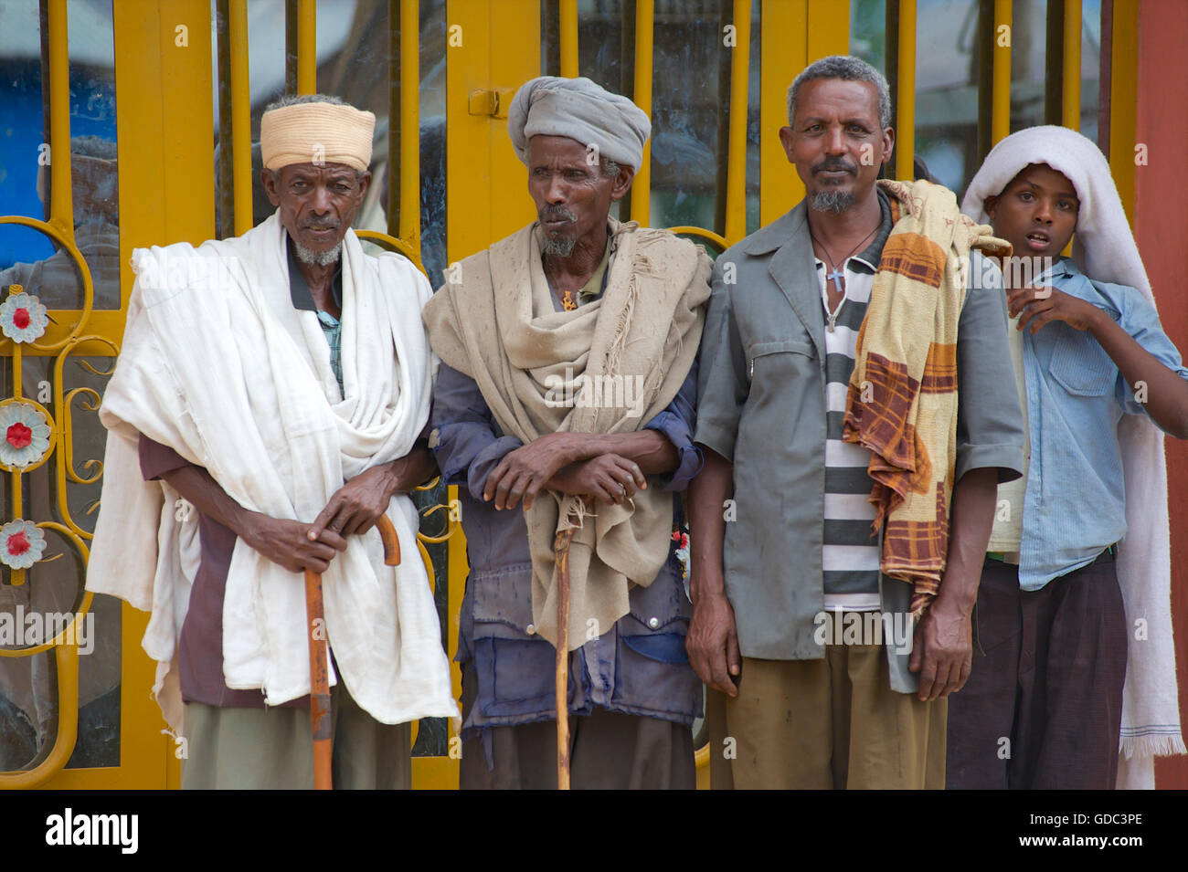 Ethiopian men and child pose for a photograph. Addi Arkay, Amhara ...
