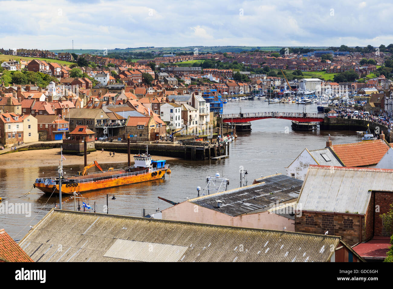 High viewpoint of Whitby, showing the swing-bridge and town Stock Photo ...