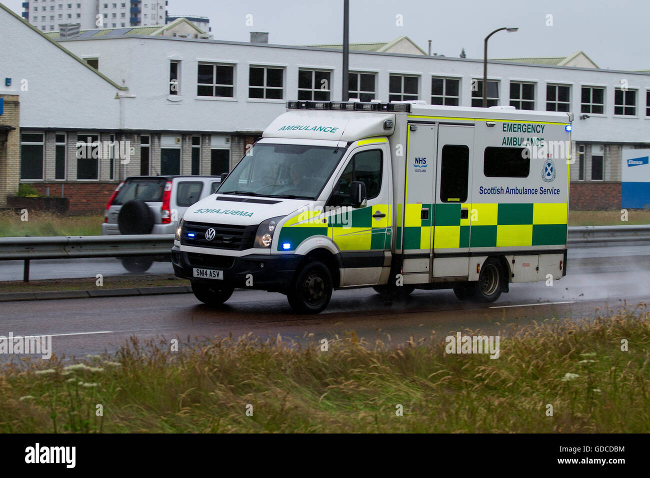 A Scottish Ambulance Service emergency ambulance responding to an ...