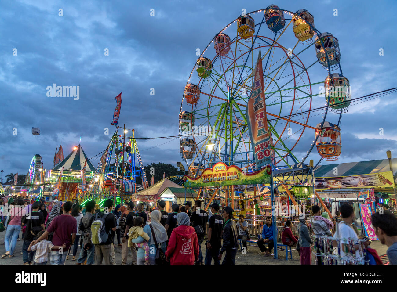 Funfair with Ferris wheel in Yogyakarta, Dusk, Java, Indonesia Stock ...