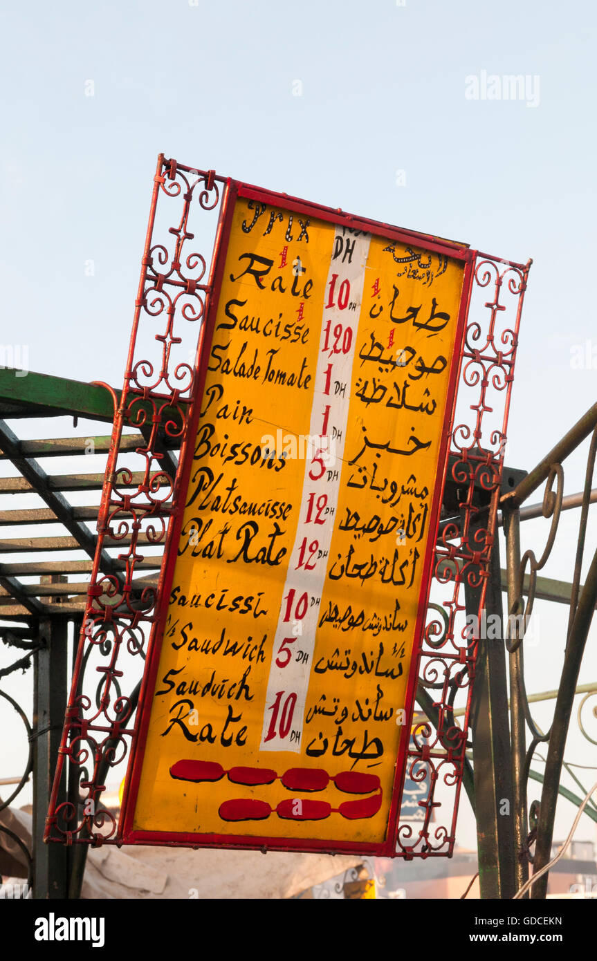 Menu board, Djemaa el Fna Square, UNESCO World Heritage Site. Marrakech ...