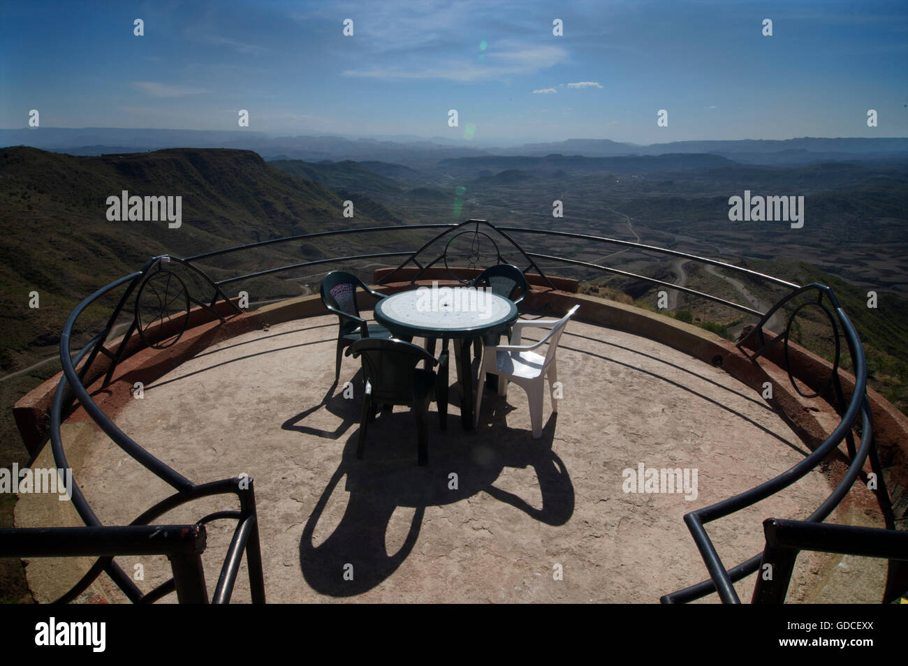 Table at view at the top of the Ben Abeba restaurant, Lalibela ...