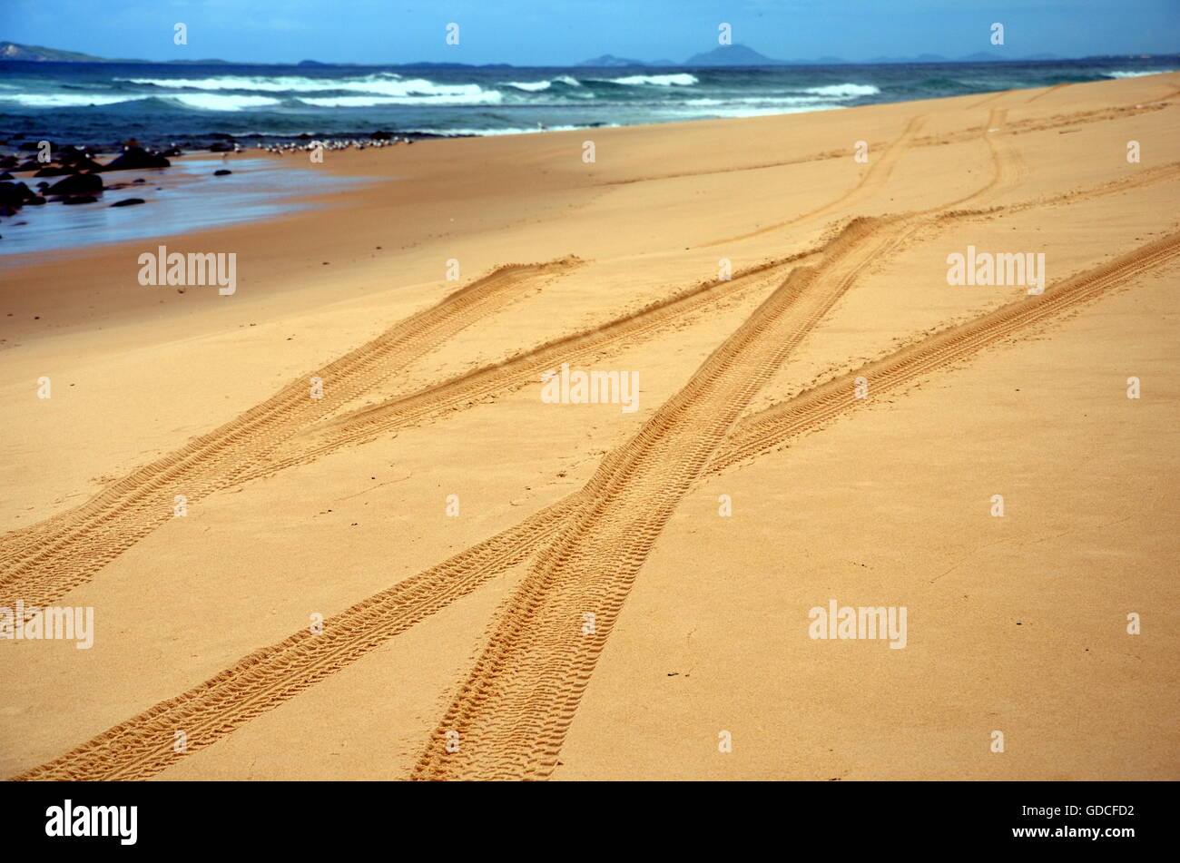 Horizontal landscape of the beach with tyre track in the foreground and ...