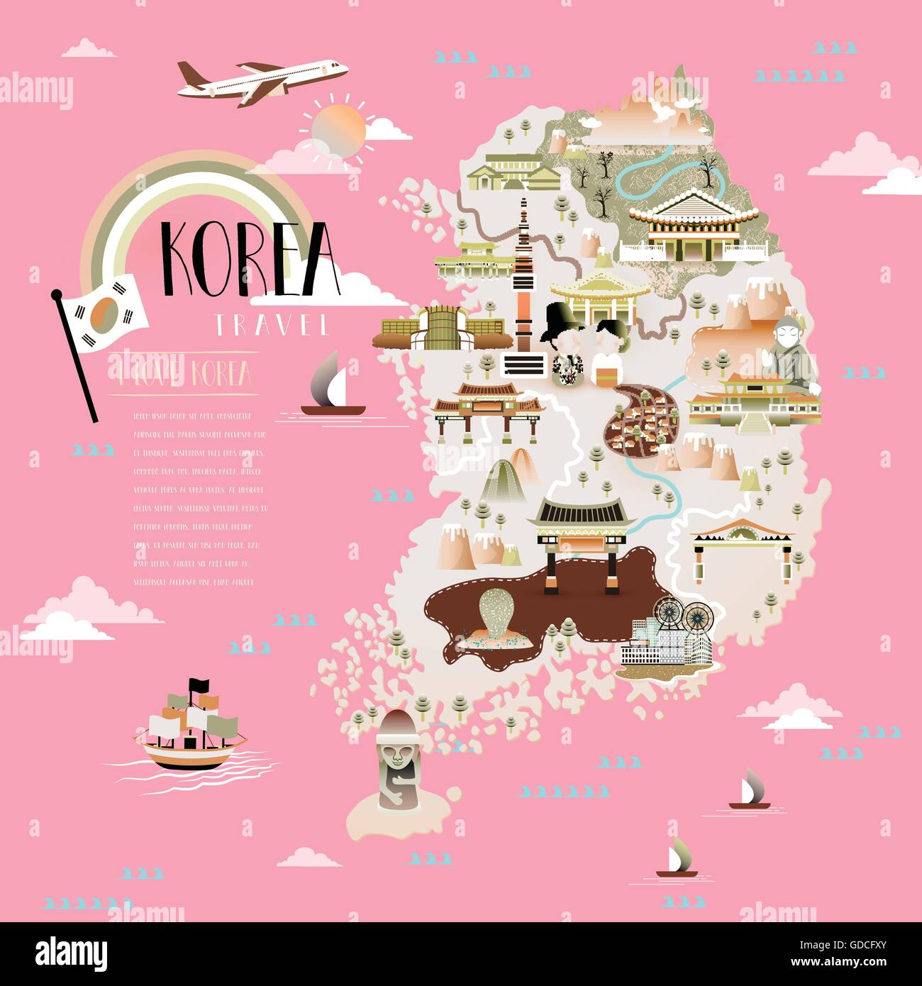 Korea travel map design with attractions over pink background Stock ...