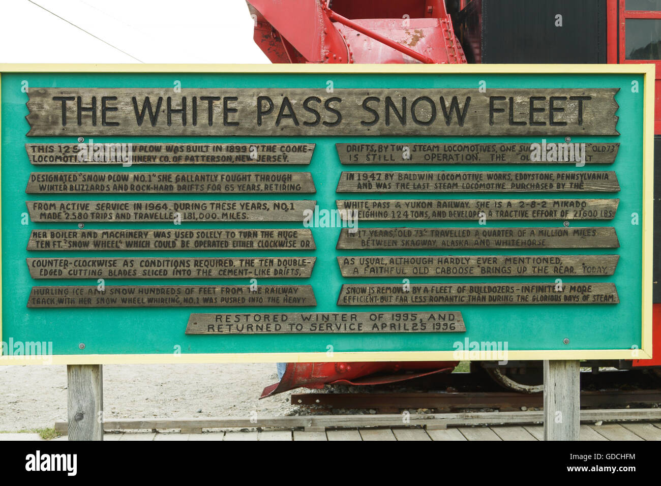 Information board for The White Pass Snow Fleet in Skagway Alaska USA ...