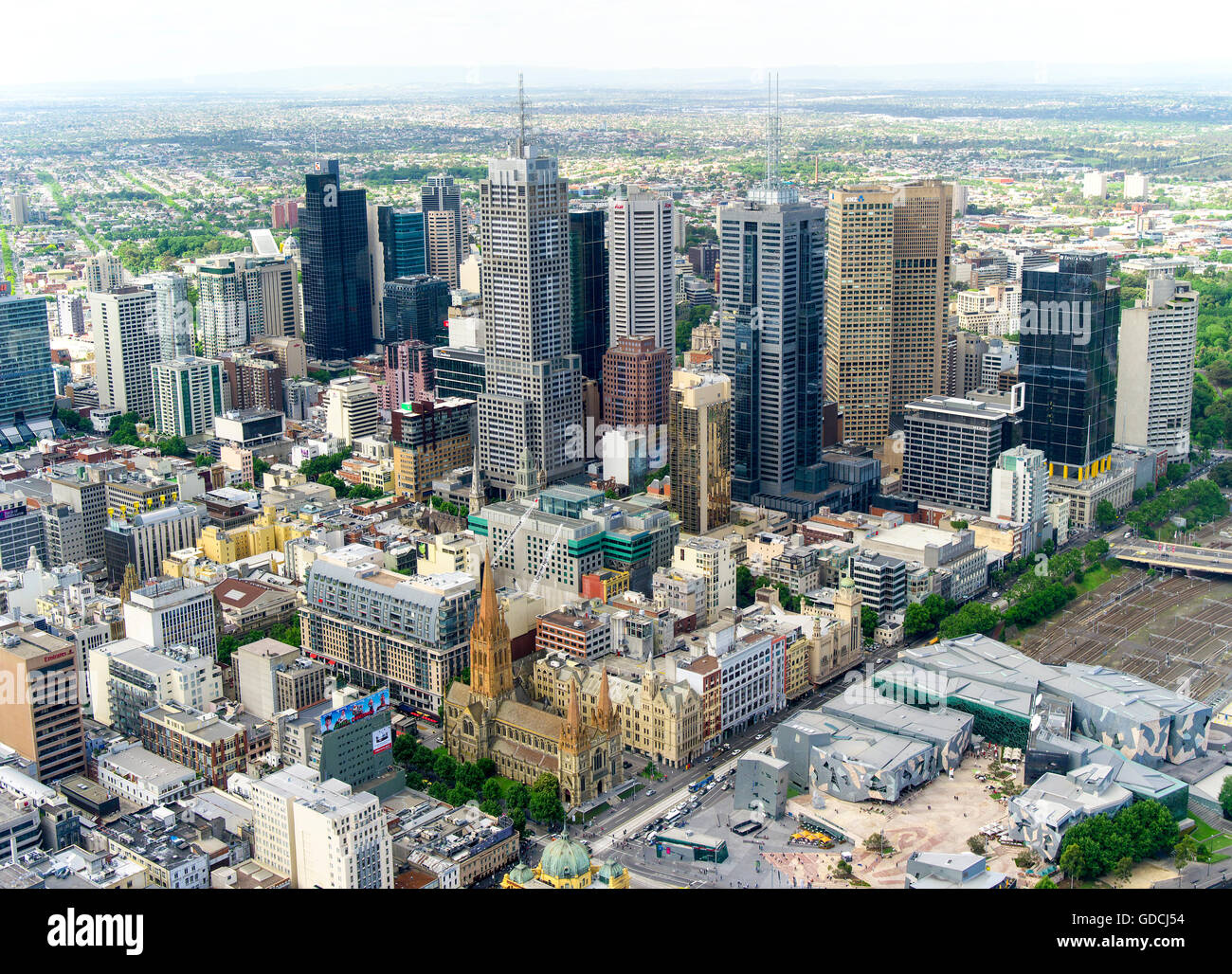 Melbourne in Victoria viewed from above looking at the city along with ...