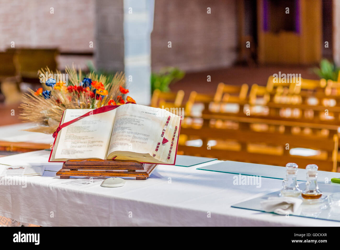 the spirituality of an open Bible on the altar of the Catholic Church ...