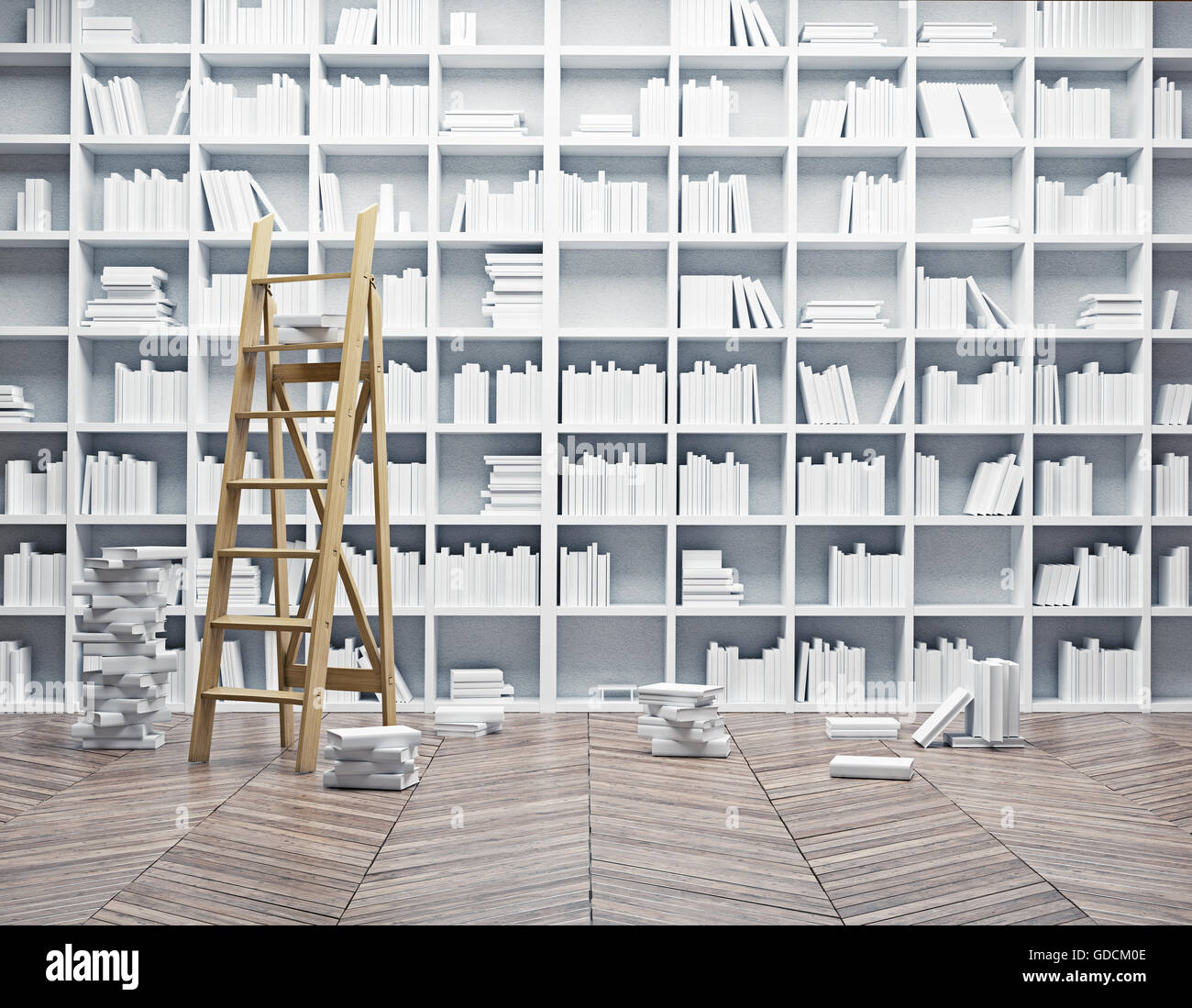 Big library interior. White books concept.3d illustration Stock Photo ...