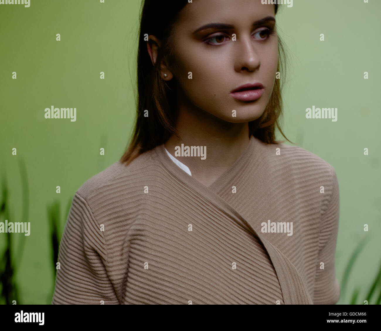 Portrait of young beautiful serious woman with natural makeup looking ...