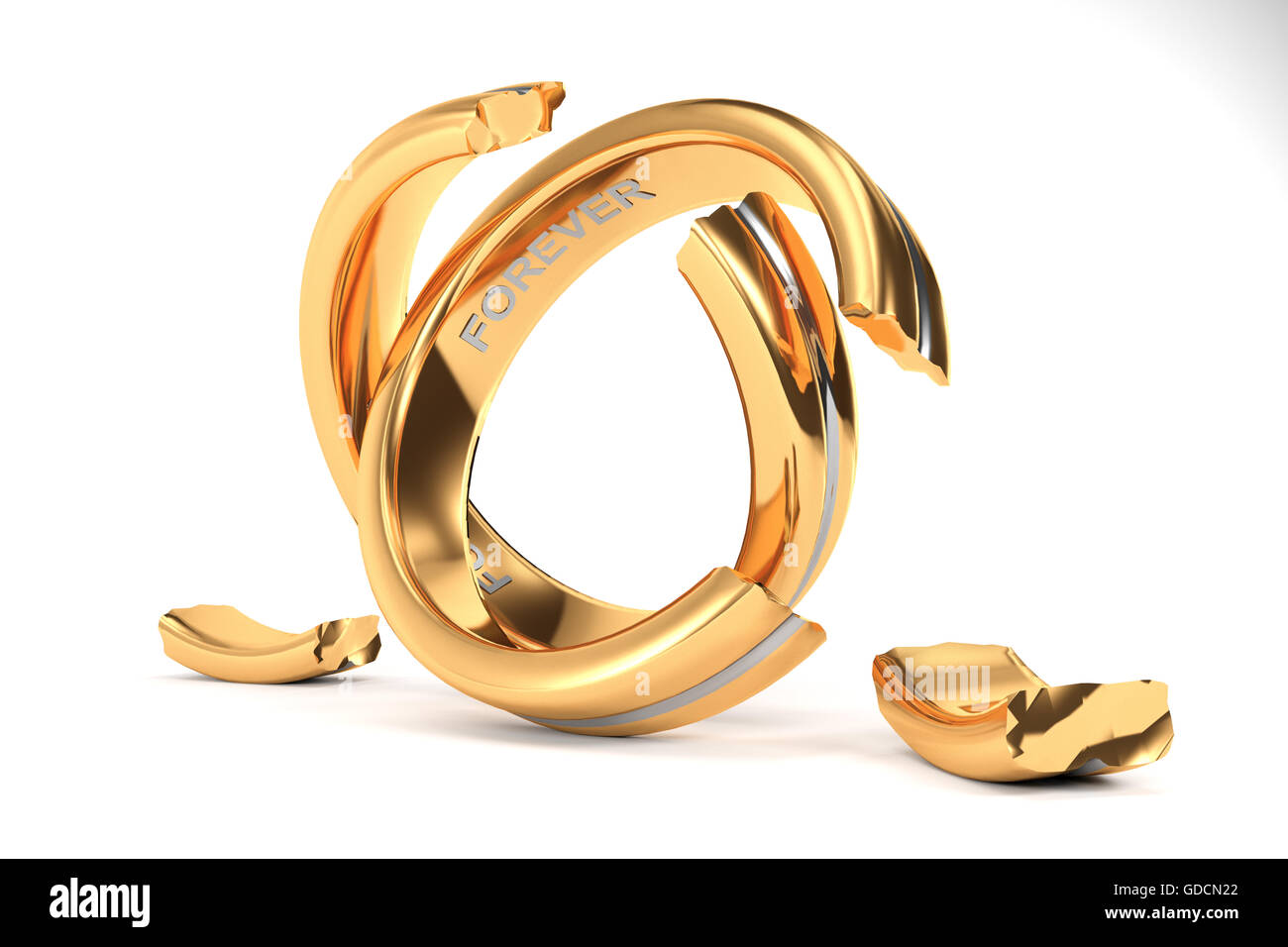 3d illustration, Wedding Rings symbolizing the divorce between two ...