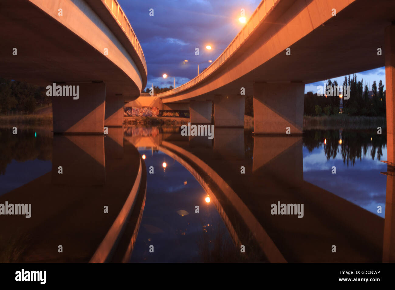 Convergence of bridges over lake ginninderra in Canberra Stock Photo ...