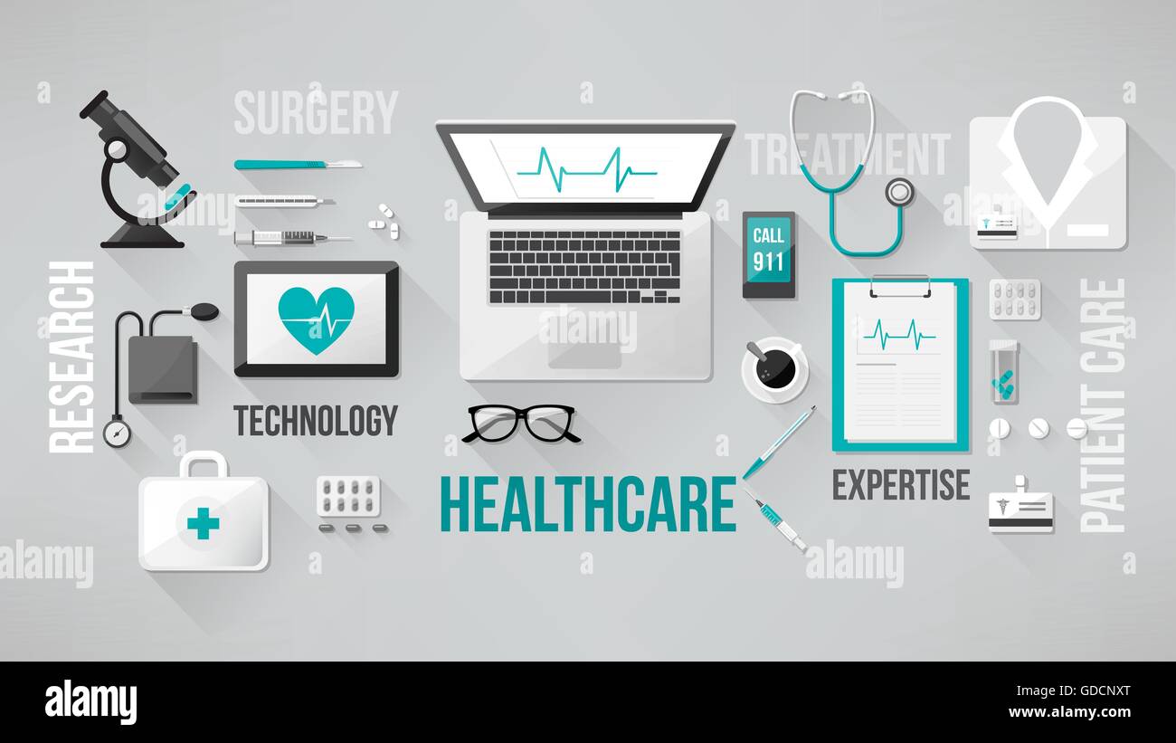 Doctor's desktop with medical healthcare tools and equipment, laptop ...