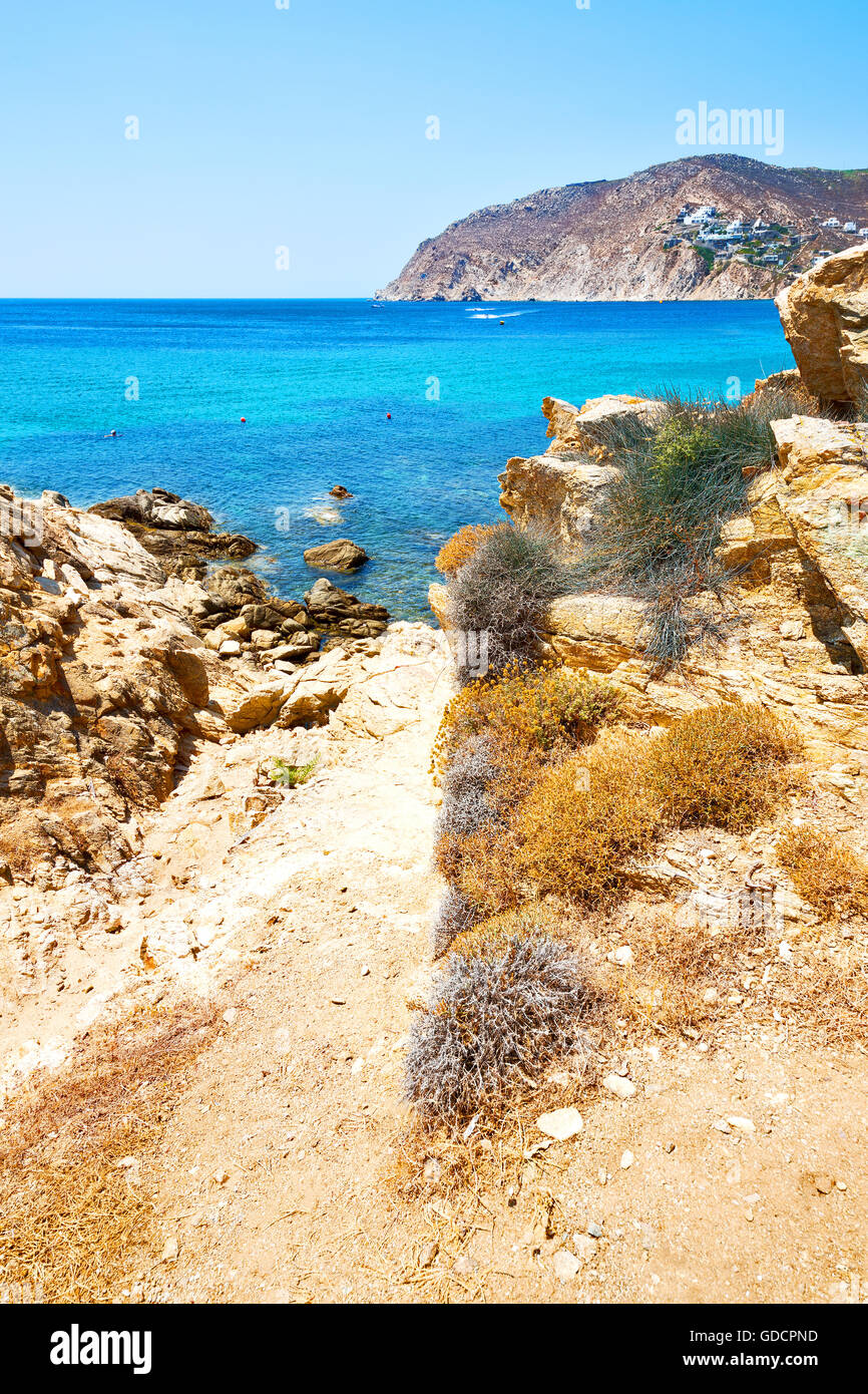 in greece the mykonos island rock sea and beach sky Stock Photo - Alamy