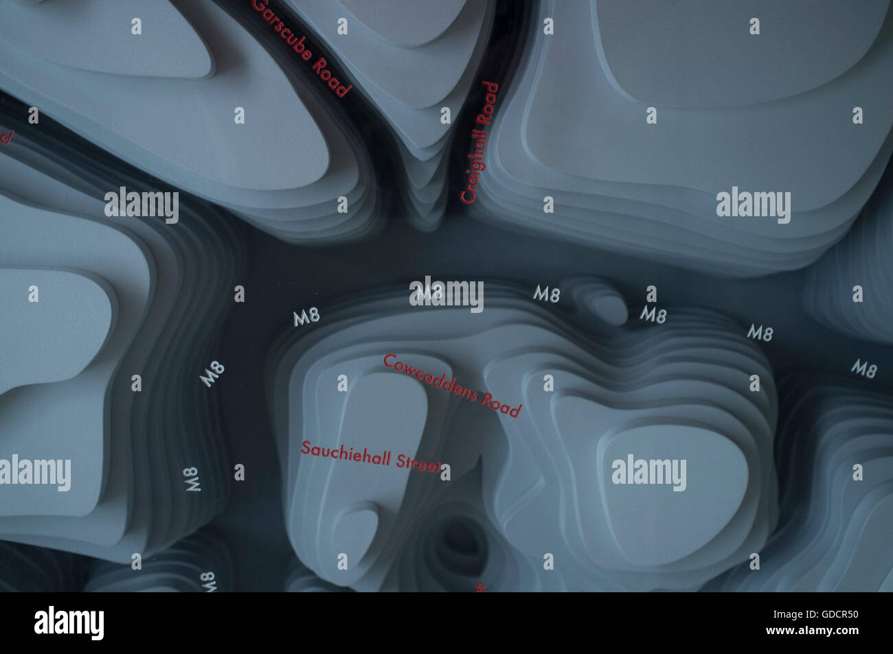3D contour map of Glasgow city centre, Scotland with Cowcaddens Road ...