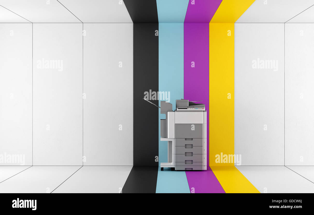 Multifunction printer in a room with colorful panel - 3d rendering ...