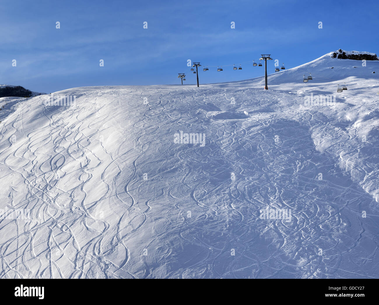 Sunlight off-piste slope at morning. Greater Caucasus, Mount Shahdagh ...