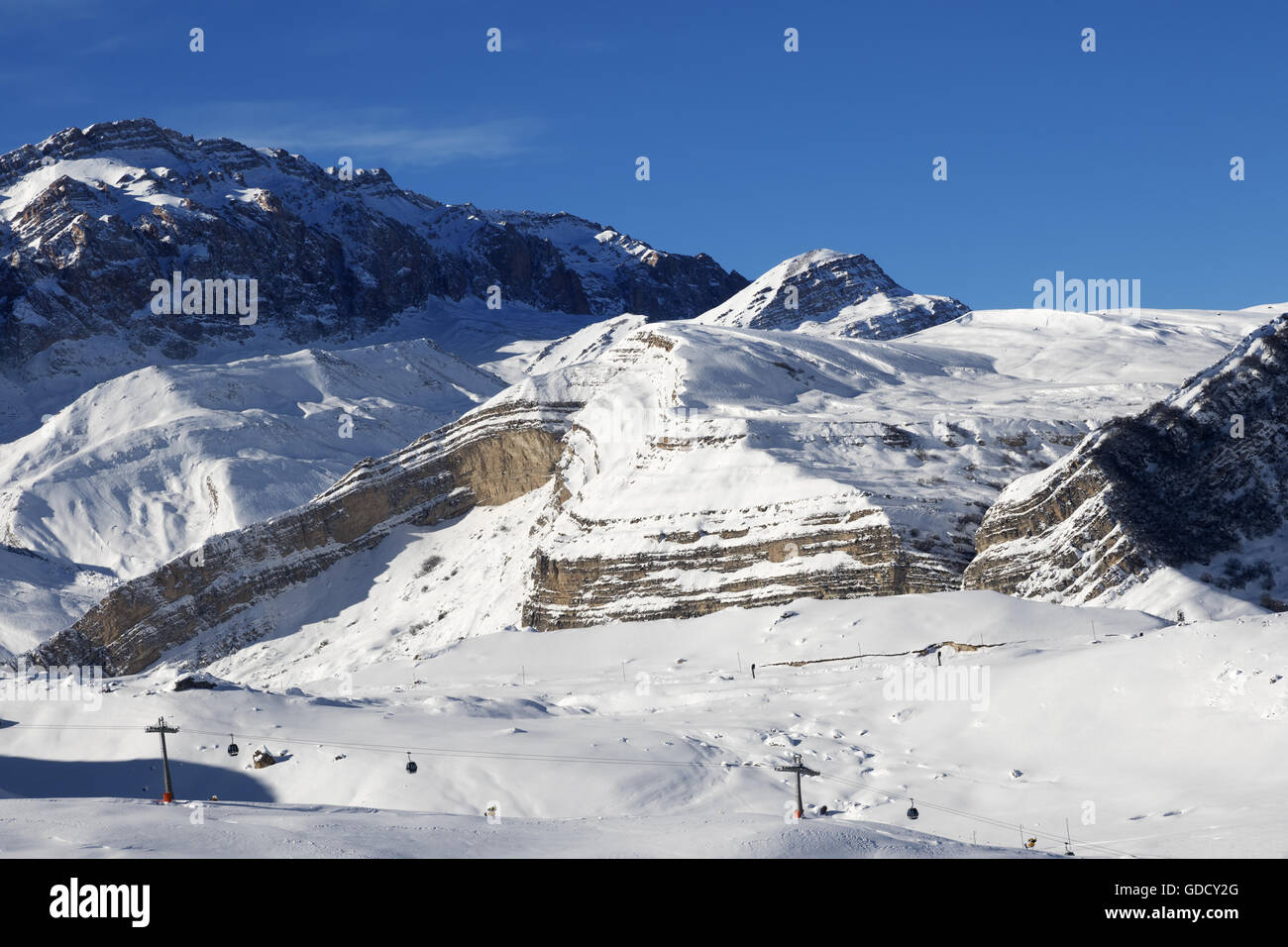 Ski resort at sunny day. Greater Caucasus, Mount Shahdagh. Qusar rayon ...