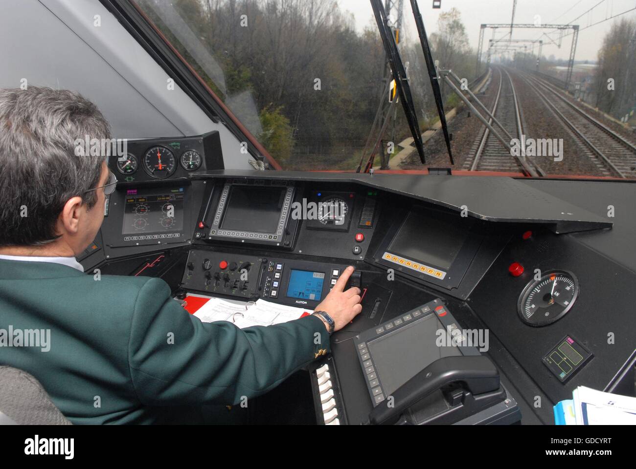 Italy, inside of the driver's compartment on an high-speed train ...