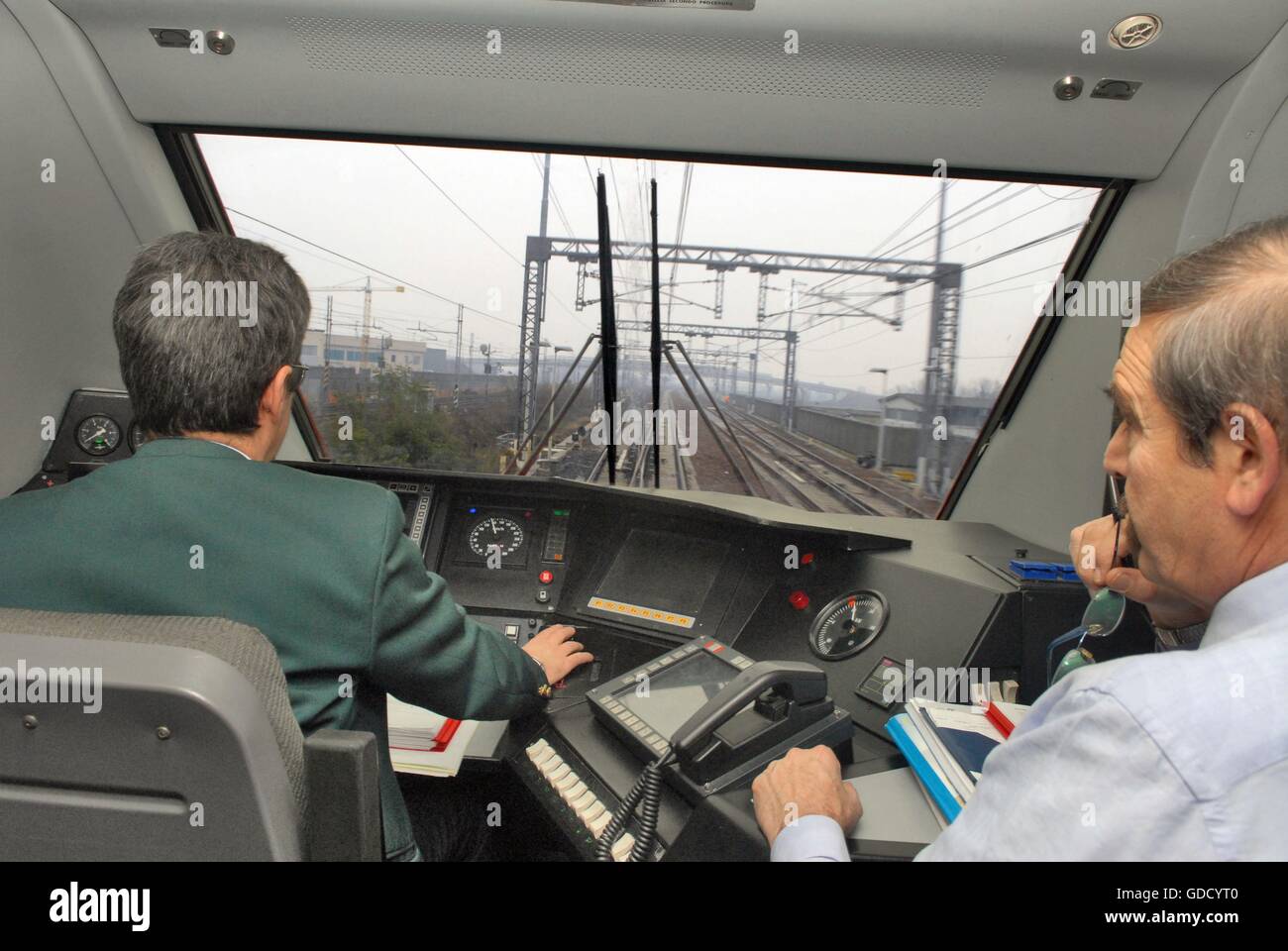 Italy, inside of the driver's compartment on an high-speed train ...