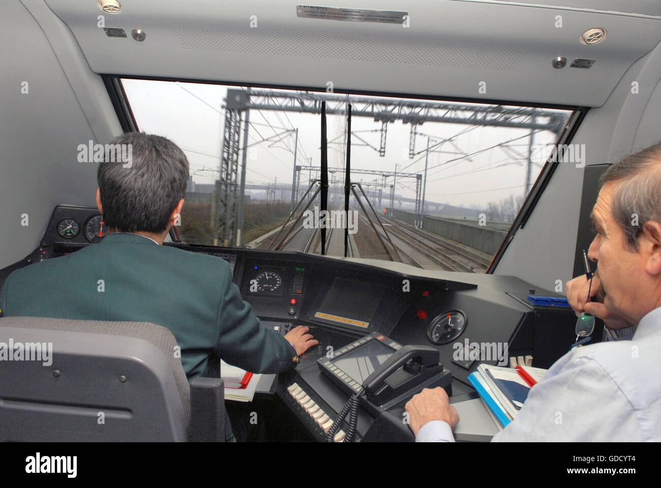 Italy, inside of the driver's compartment on an high-speed train ...