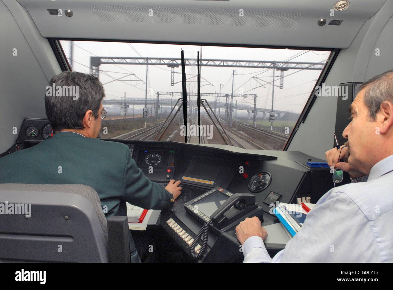 Italy, inside of the driver's compartment on an high-speed train ...