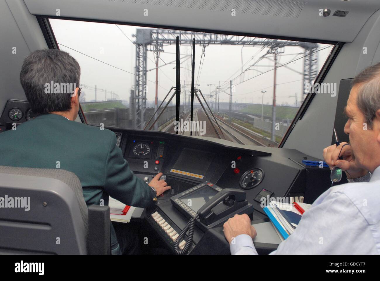 Italy, inside of the driver's compartment on an high-speed train ...