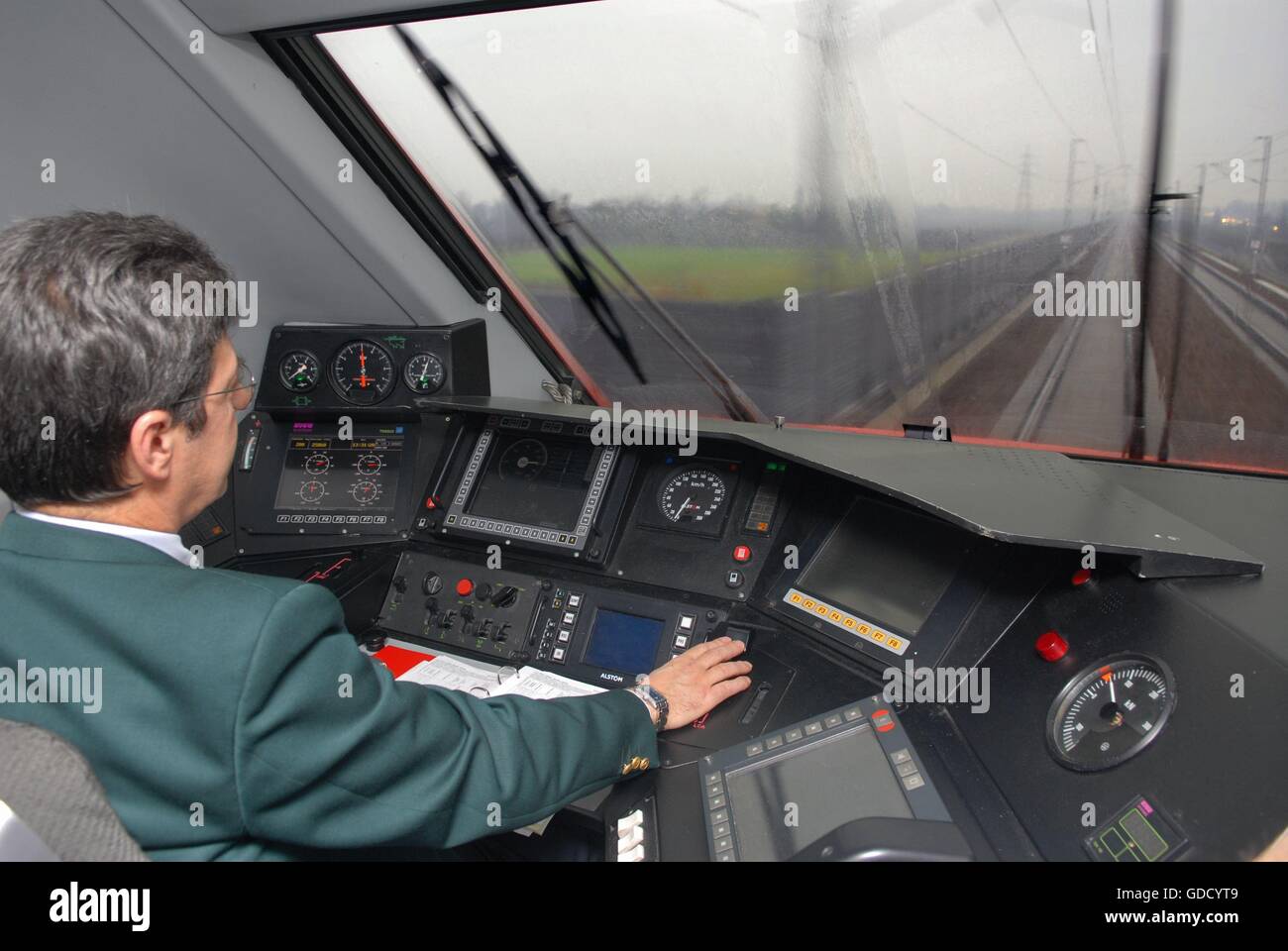 Italy, inside of the driver's compartment on an high-speed train ...