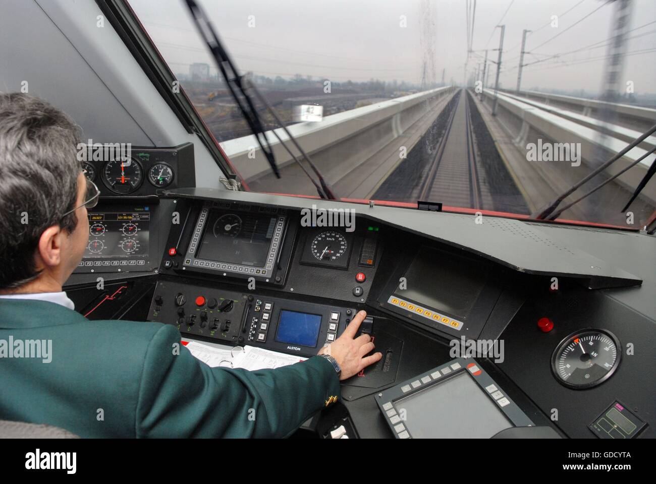 Italy, inside of the driver's compartment on an high-speed train ...