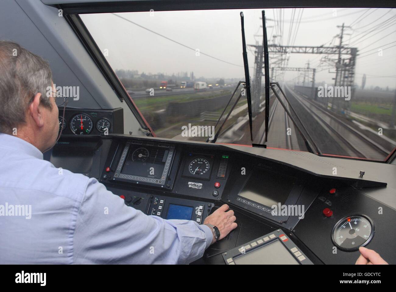 Italy, inside of the driver's compartment on an high-speed train ...