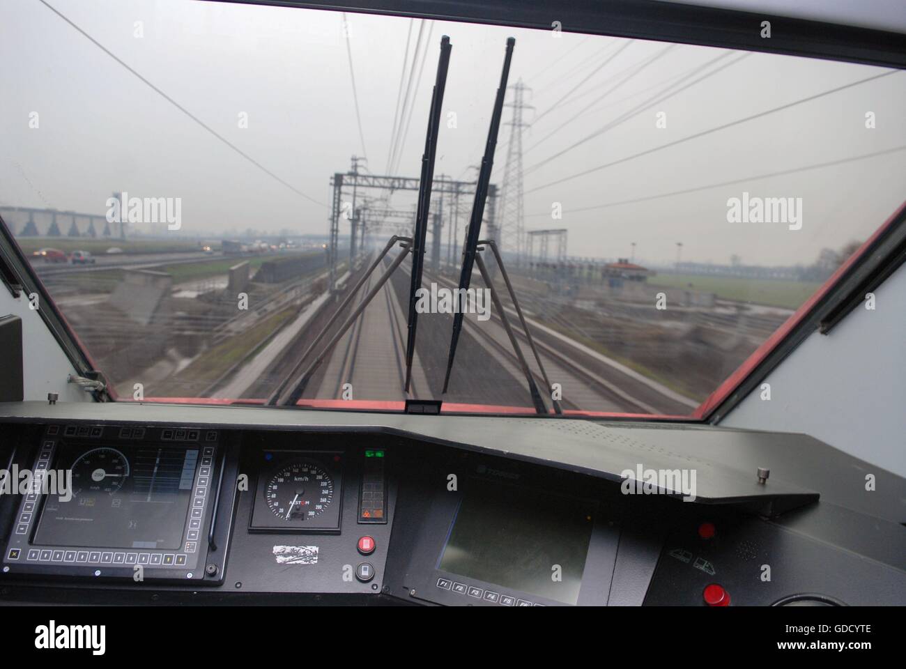Italy, inside of the driver's compartment on an high-speed train ...