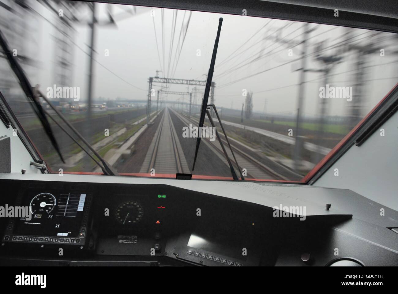 Italy, inside of the driver's compartment on an high-speed train ...