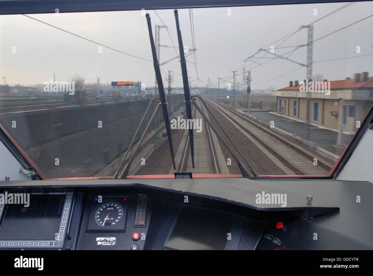 Italy, inside of the driver's compartment on an high-speed train ...