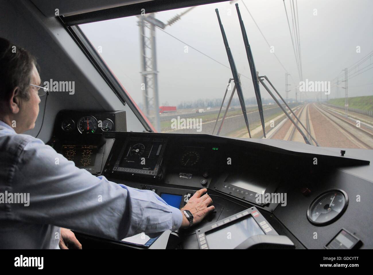 Italy, inside of the driver's compartment on an high-speed train ...
