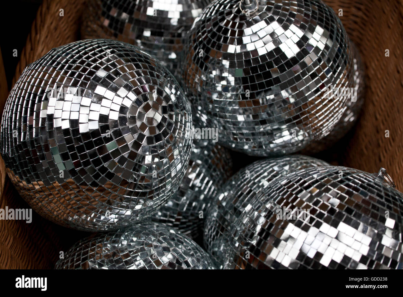 Silver and shiny disco balls in a market box Stock Photo - Alamy
