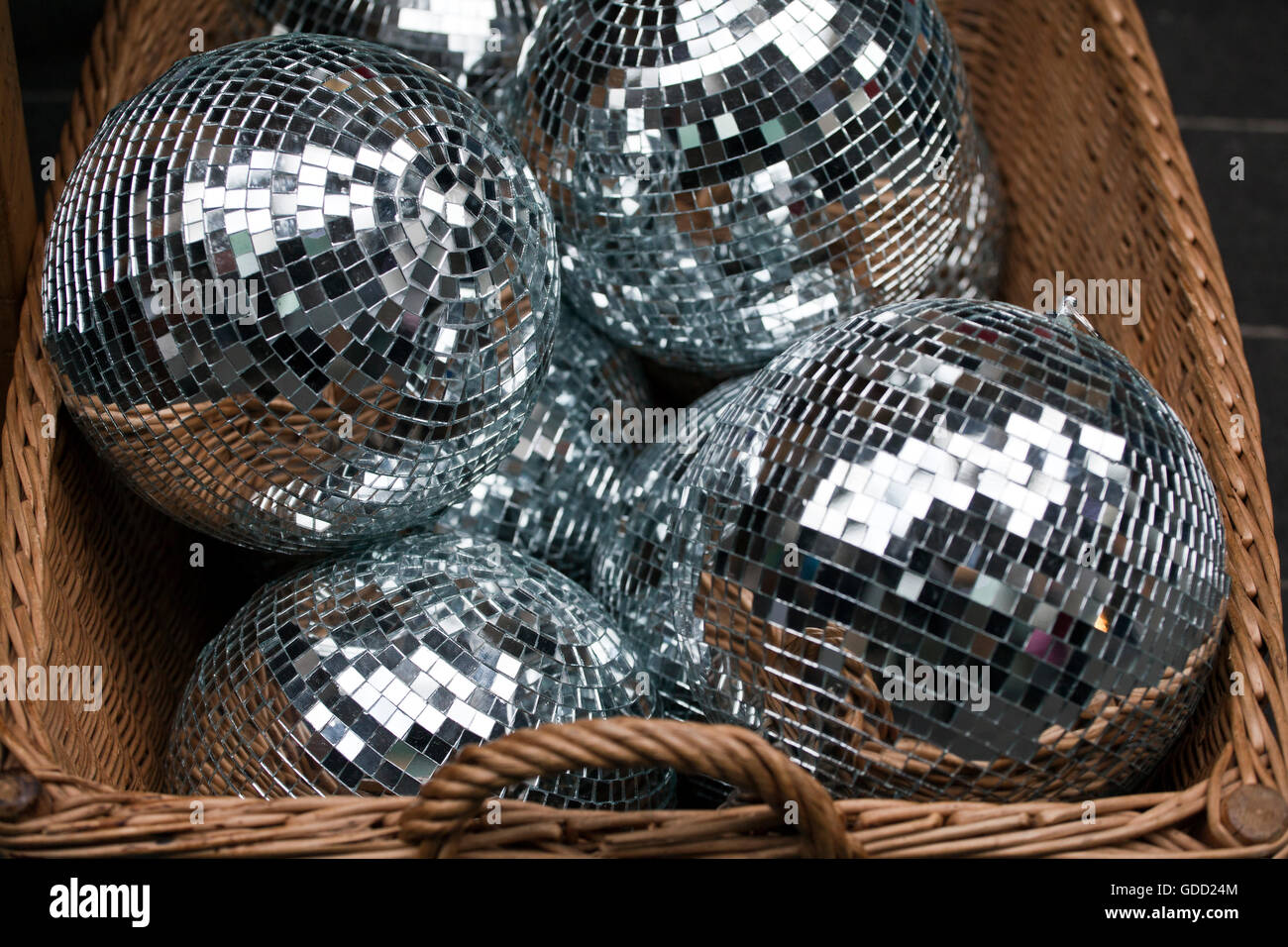 Silver and shiny disco balls in a market box Stock Photo - Alamy