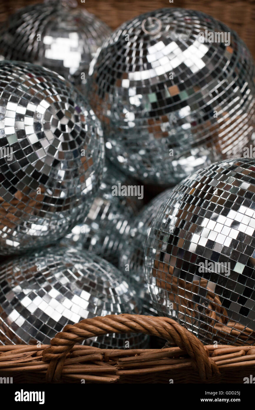 Silver and shiny disco balls in a market box Stock Photo - Alamy