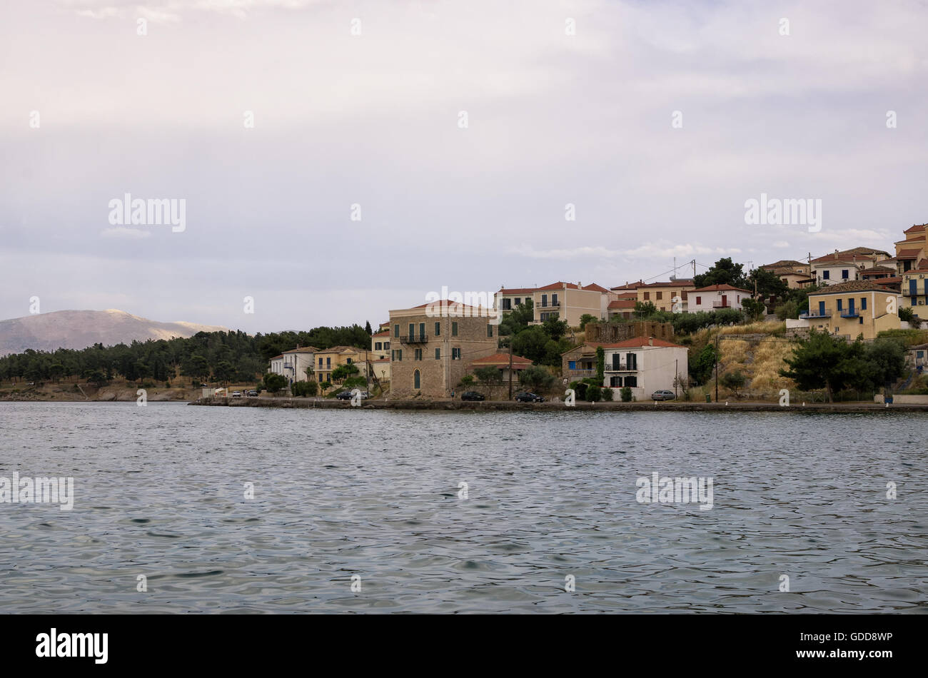 The historic town of Galaxidi, Greece, at dusk, on a cloudy day Stock ...