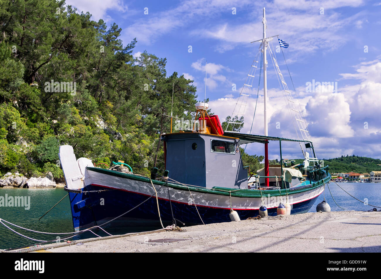 Fishing boat at the port of Gaios village, Paxoi island, Greece Stock ...