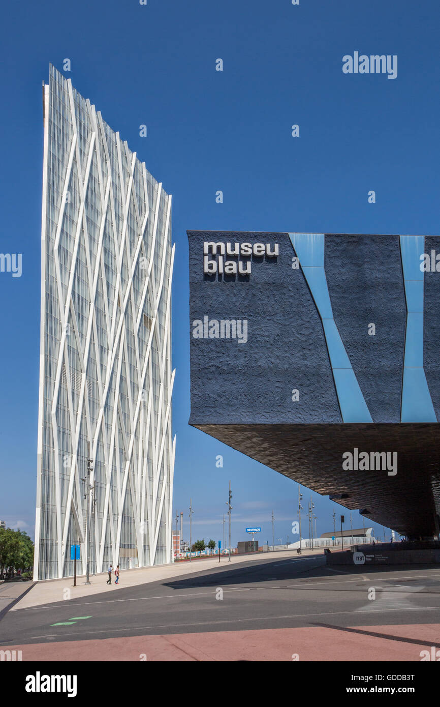 Spain,Catalonia,Barcelona City,Forum Building and Telefonica tower ...