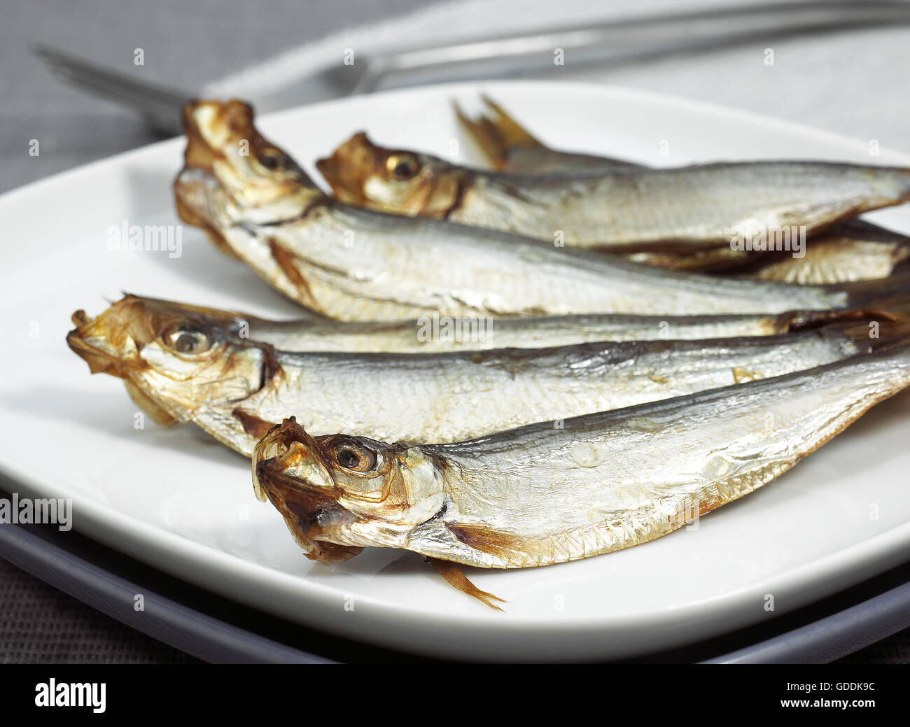 SPRAT sprattus sprattus, SMOKED FISH ON PLATE Stock Photo - Alamy
